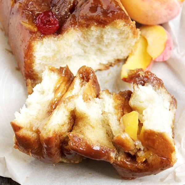 Fresh Peach Sticky Bun Loaf - Seasons and Suppers
