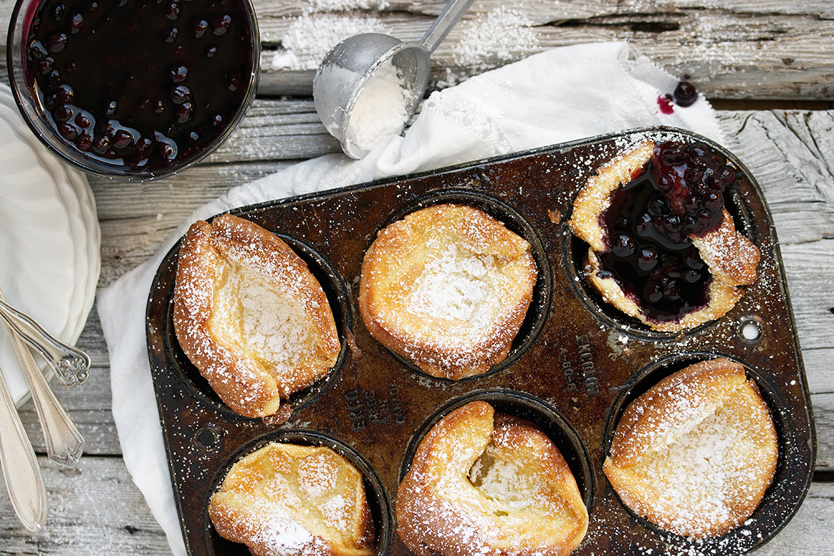 Mini Dutch Baby Pancakes with Warm Blueberry Sauce - Seasons and Suppers