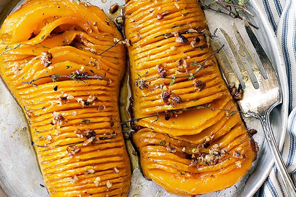 Maple Pecan Hasselback Butternut Squash - Seasons and Suppers