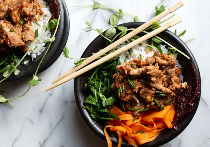 Spicy Pork Rice Bowl - Seasons and Suppers
