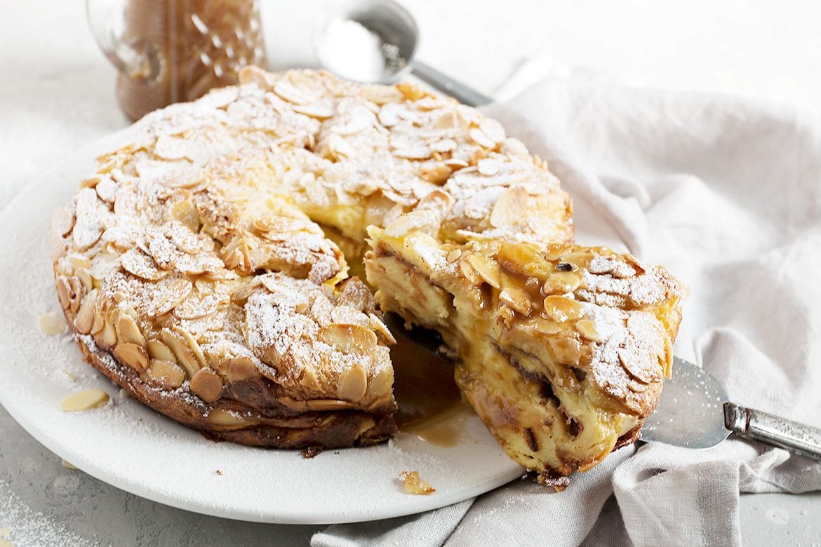 Almond Bread Pudding with Salted Caramel Sauce - Seasons and Suppers