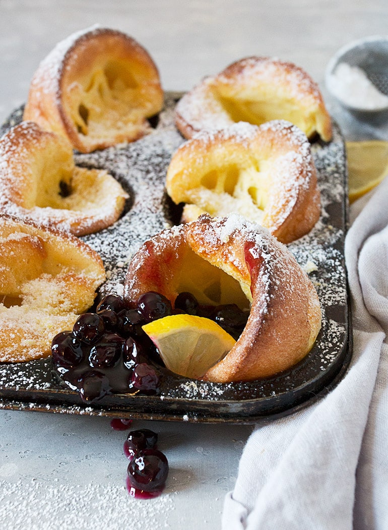 Mini Lemon Sugar Dutch Baby Pancakes with Blueberry Sauce - Seasons and ...