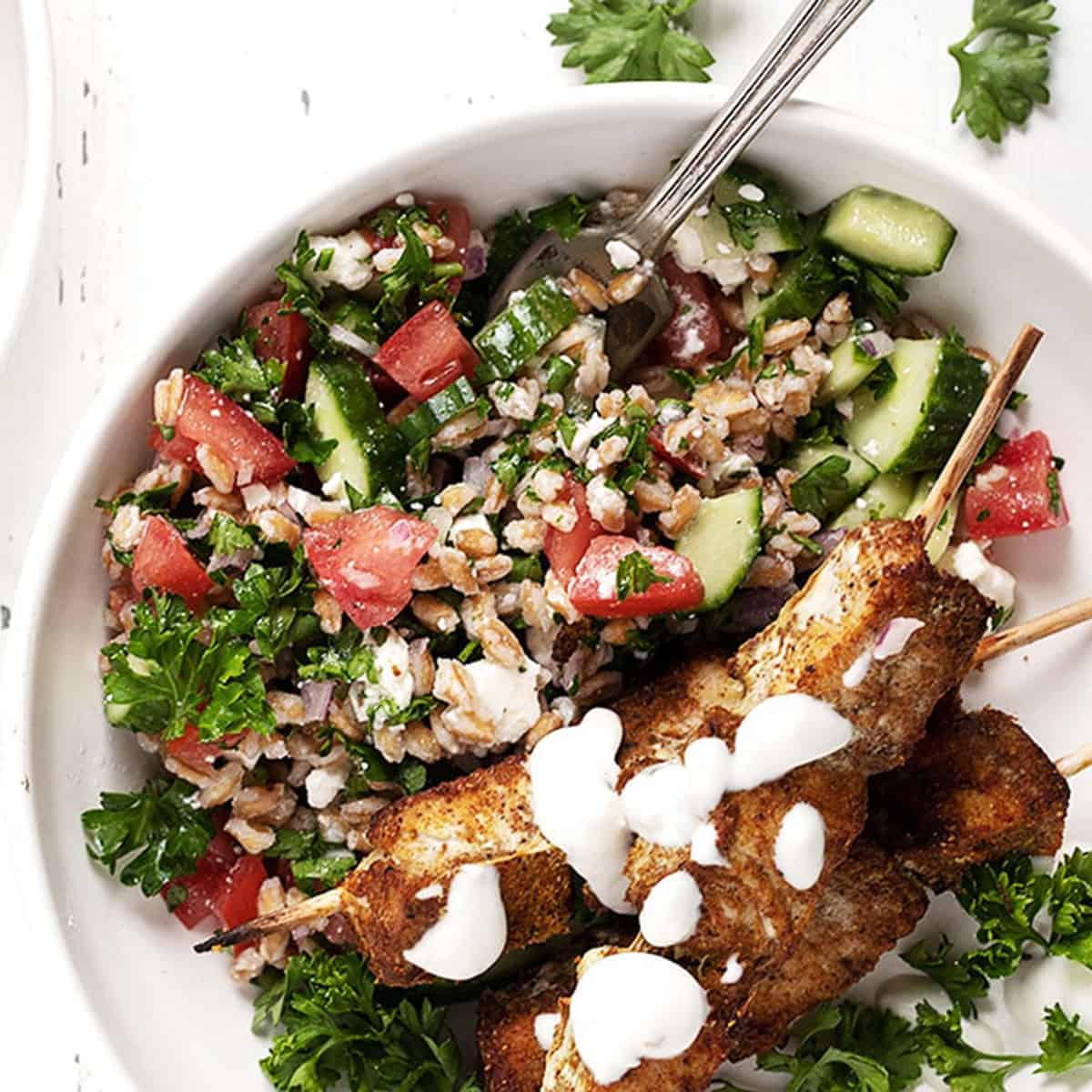 Shawarma-Spiced Chicken Skewers with Tabbouleh - Seasons and Suppers