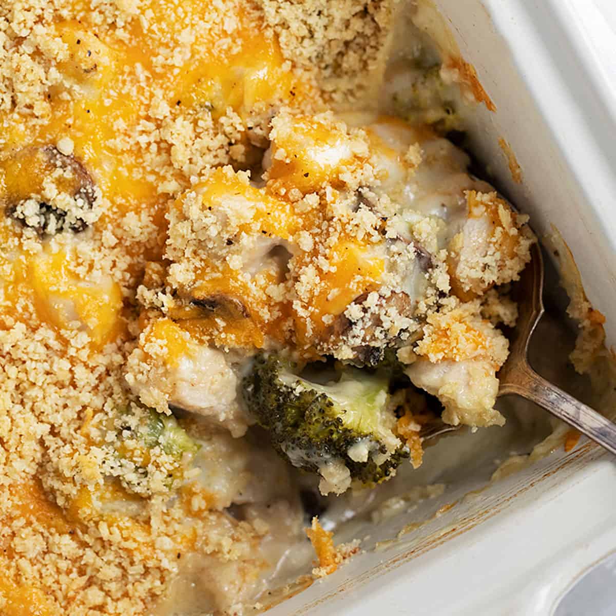 chicken divan in white casserole with spoon