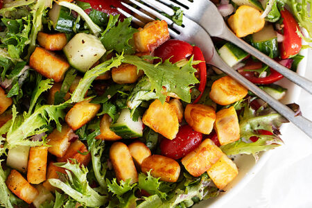 Fried Halloumi Salad - Seasons and Suppers