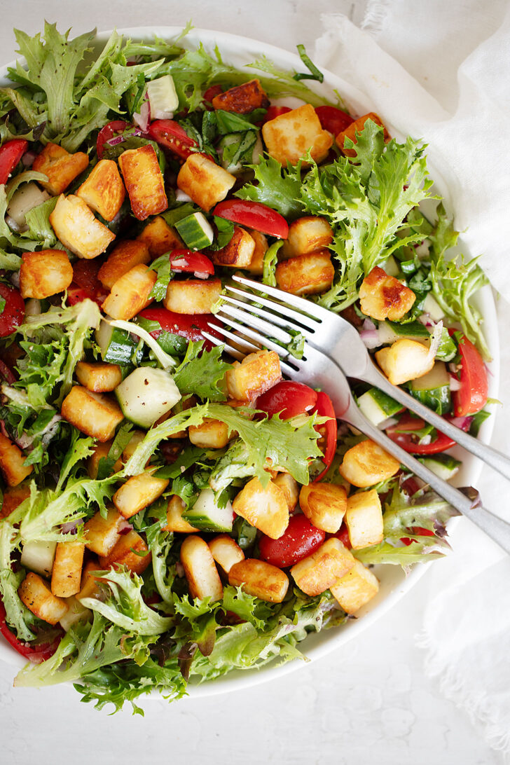 Fried Halloumi Salad - Seasons and Suppers