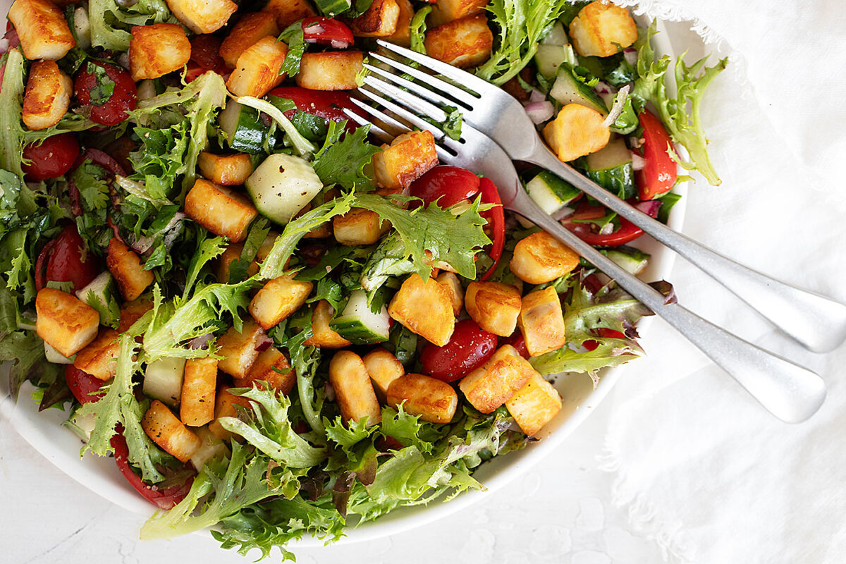 Fried Halloumi Salad - Seasons and Suppers