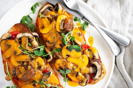 Tomato and Cheese Mushroom Toast - Seasons and Suppers