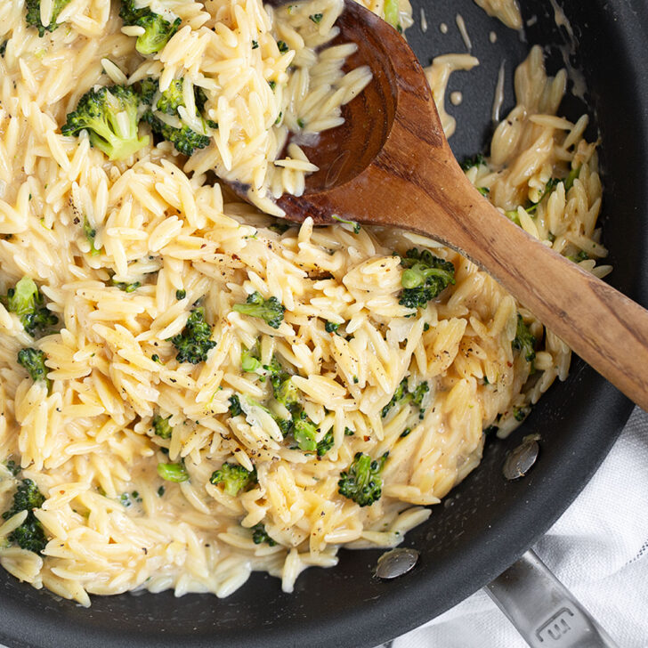 Broccoli Cheddar Orzo - Seasons and Suppers