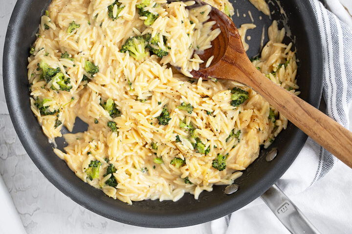 Broccoli Cheddar Orzo - Seasons and Suppers