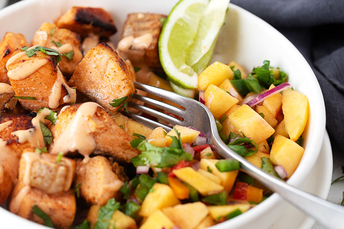 Chili Lime Salmon Bites and Peach Salsa - Seasons and Suppers
